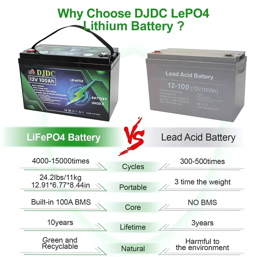 Donjing DJDC 12V 100Ah LiFePO4 Battery – 1.28kWh | Lightweight, Long-L ...